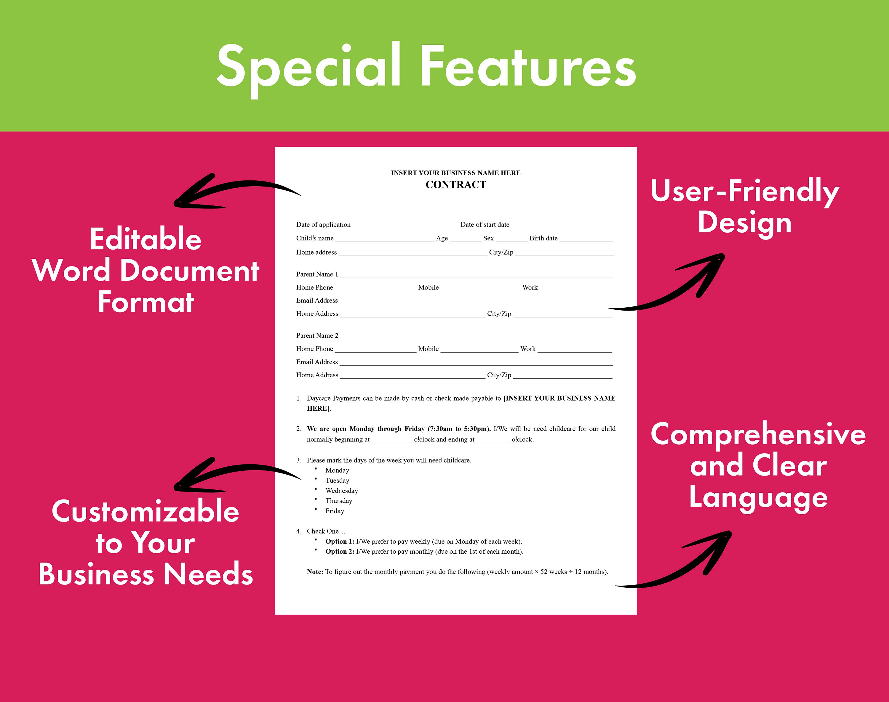 Childcare - Daycare Contract, Fully Editable Enrollment Contract, 5 ...