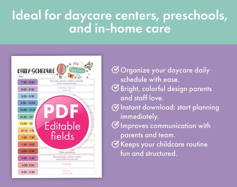 Editable Daily Daycare Schedule Template | Colorful Childcare Planner ...
