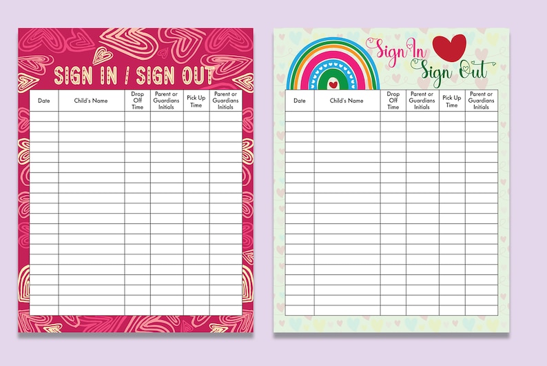 Sign in and Out Form for Daycare, Form, Preschool, Childcare, Home ...