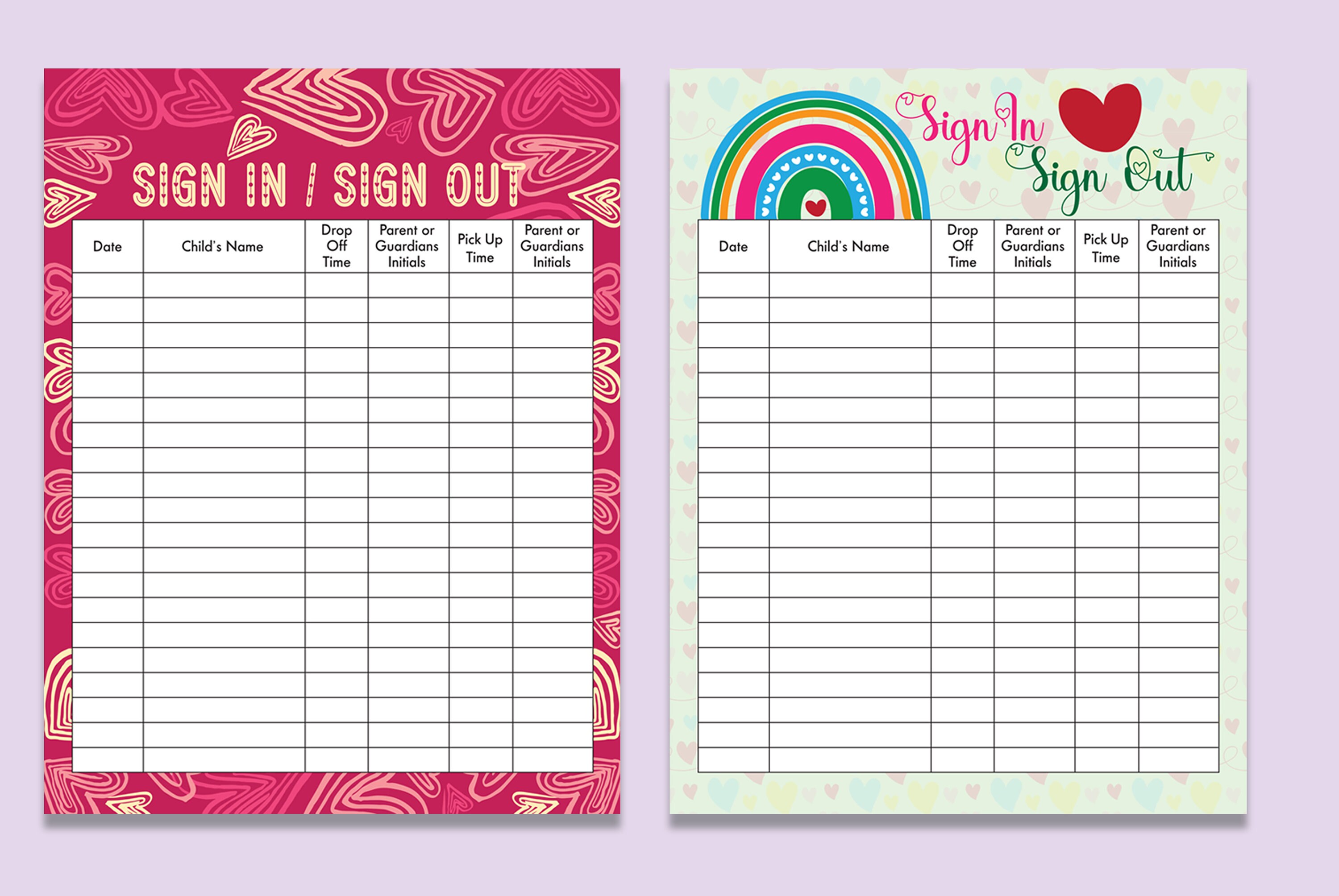 Sign in and Out Form for Daycare, Form, Preschool, Childcare, Home ...