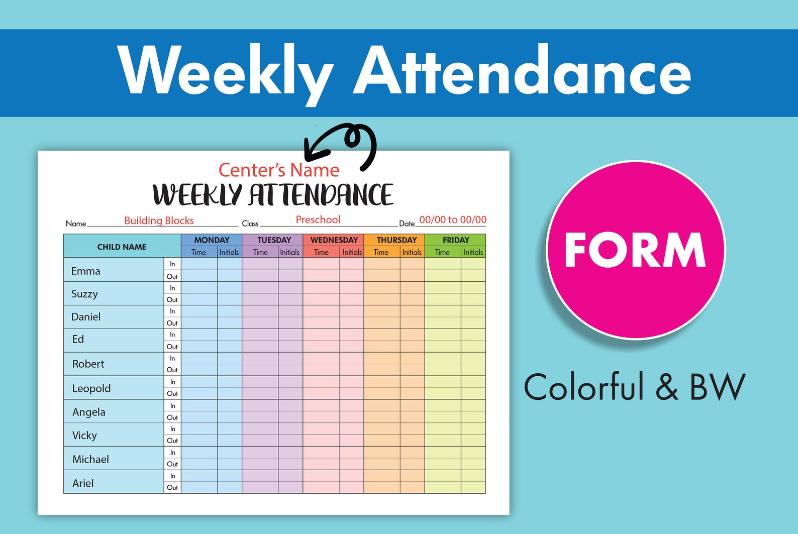 Efficient Weekly Attendance Tracker Form Childcare Daycare - Etsy