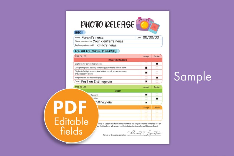 Childcare Photo Release Form Ideal for Daycare, Preschool, and In-home ...