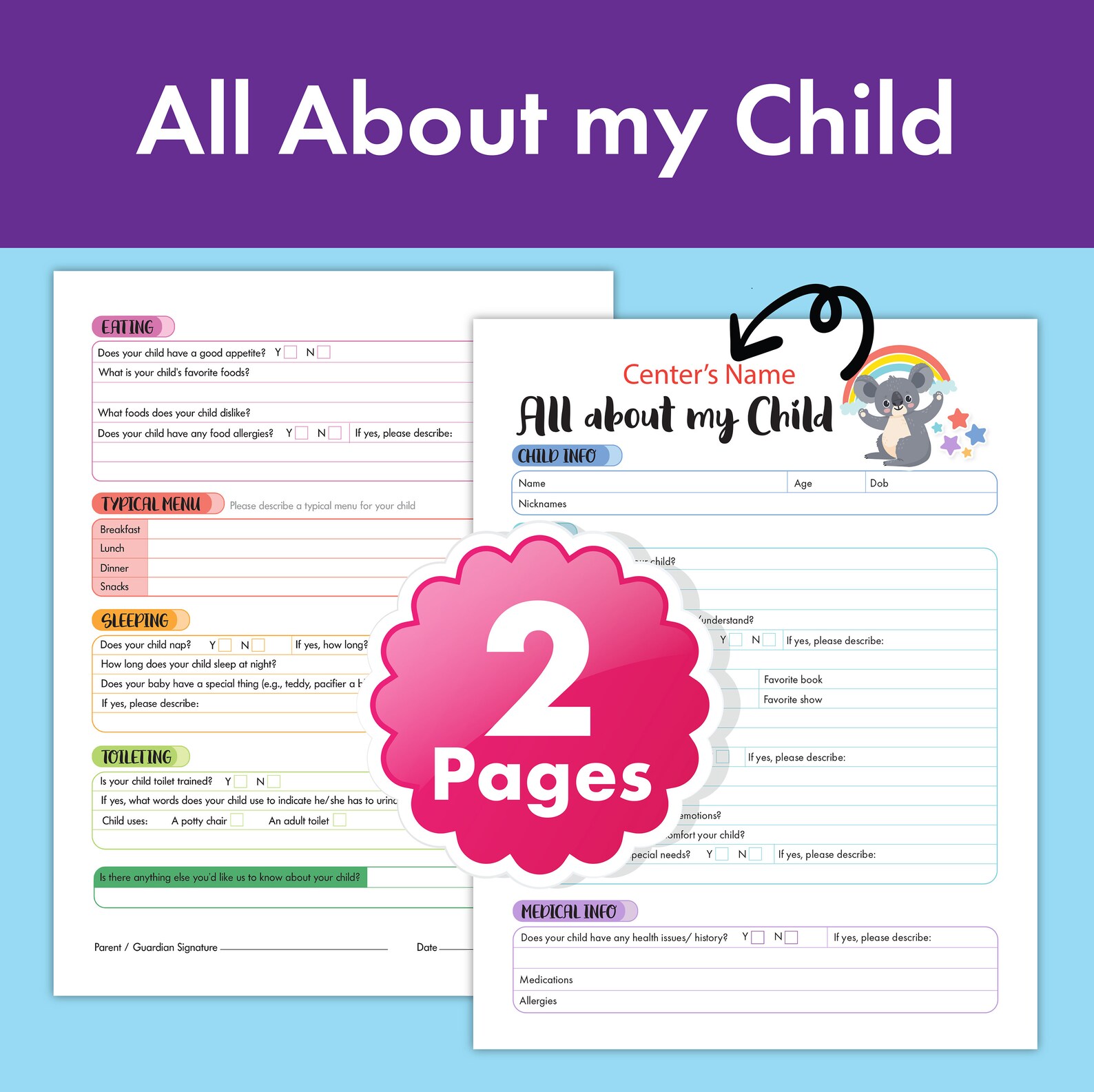 All About My Child Daycare Forms: Get to Know Me, Childcare & Preschool ...