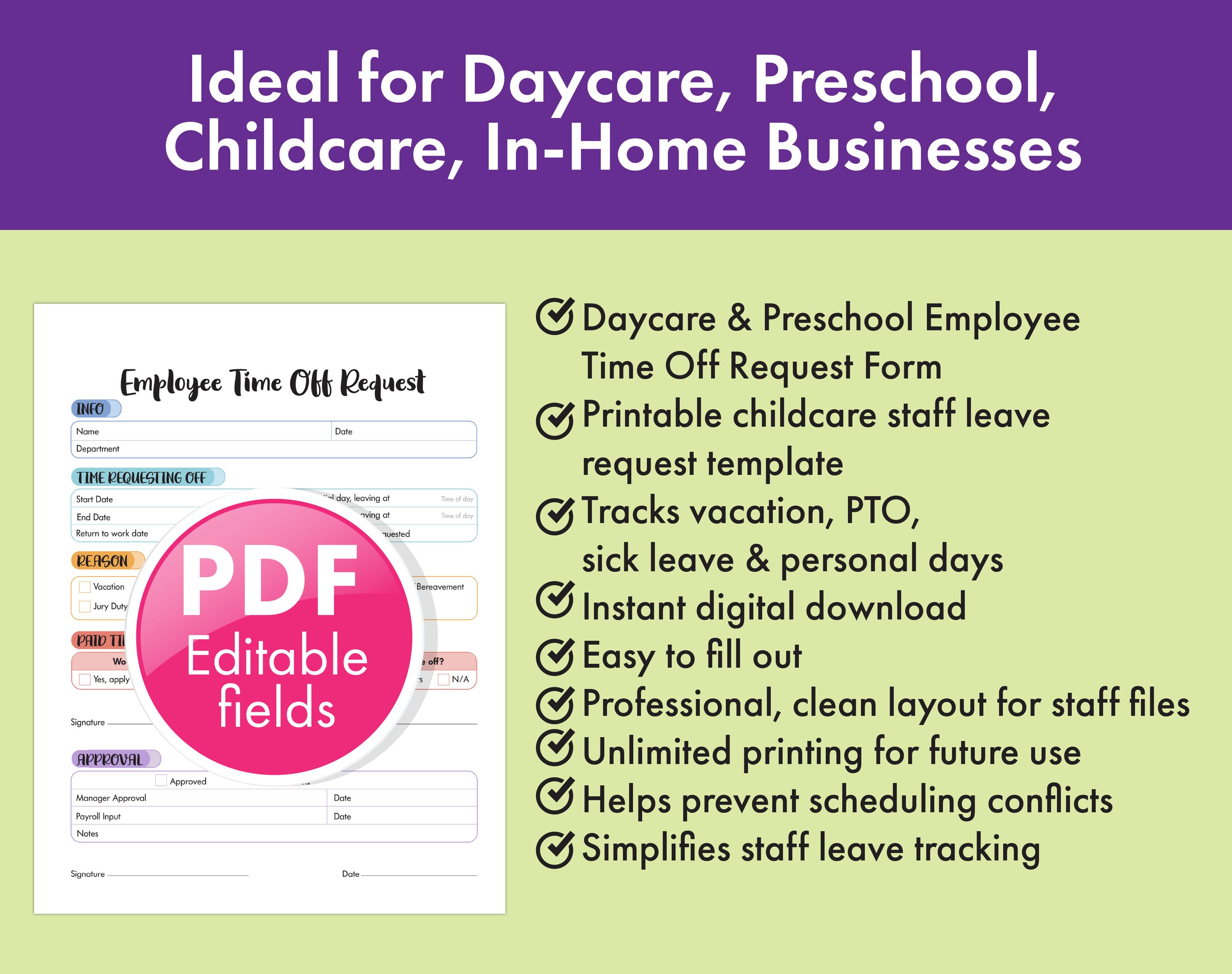 Employee Time off Request Form | Printable PDF for Daycare, Preschool ...