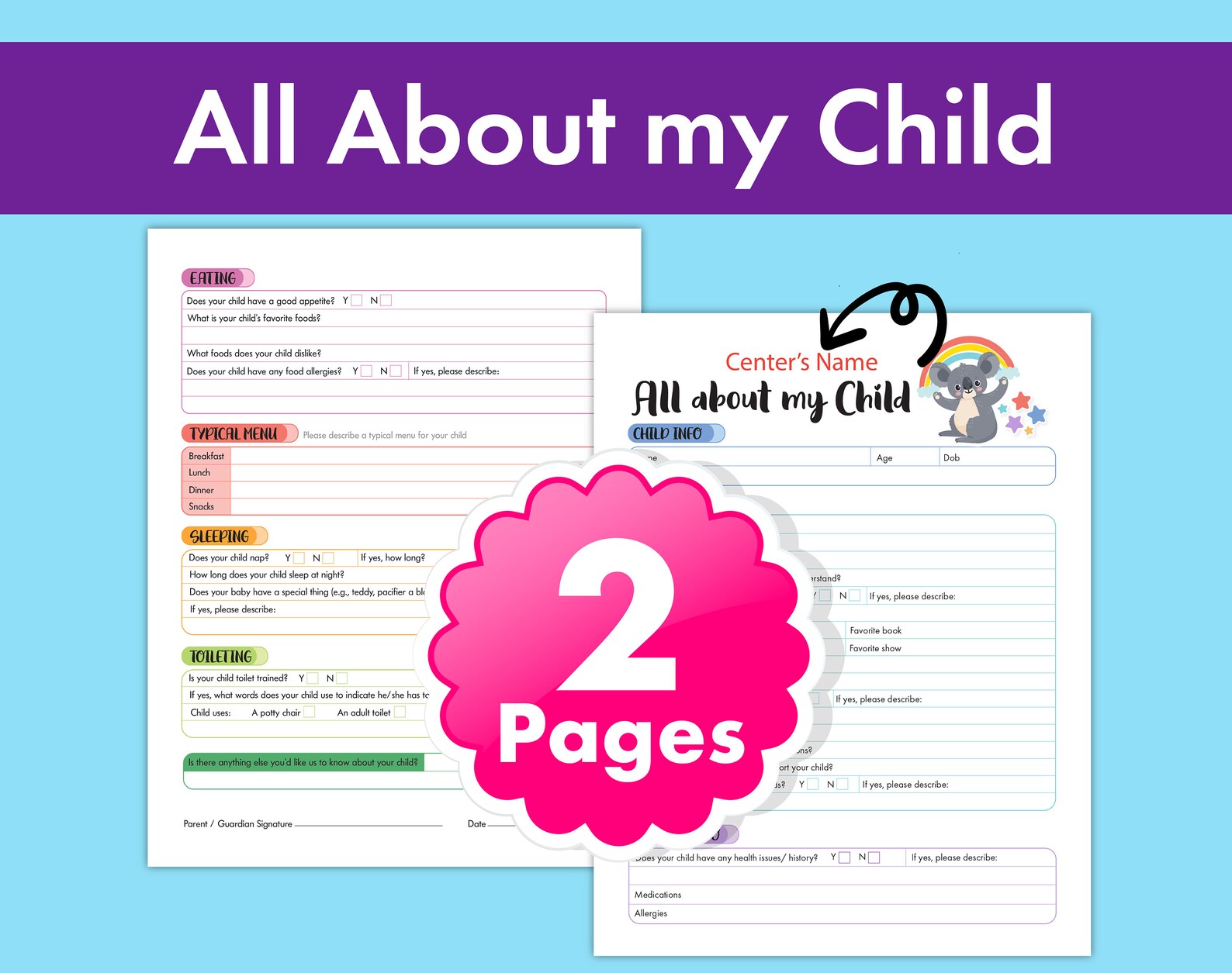All About My Child Daycare Forms: Get to Know Me, Childcare & Preschool ...