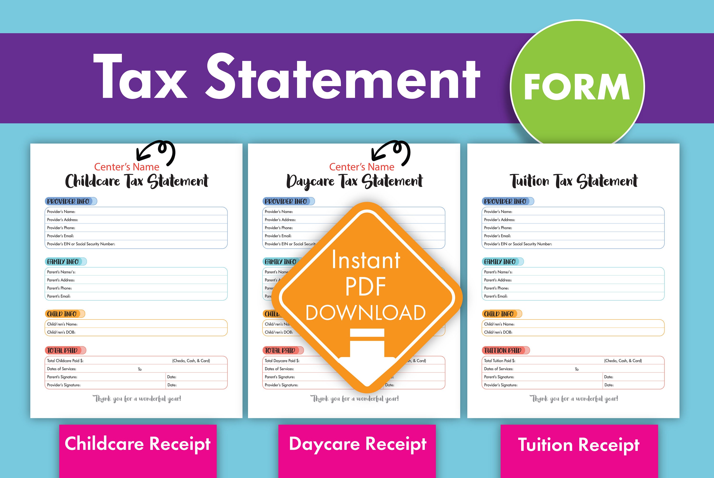 TAX STATEMENT, Childcare, Daycare, Tuition, Preschool, in Home Daycare ...