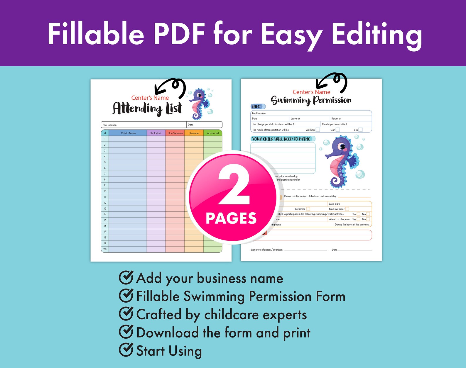 Swimming Permission Form, Daycare Swimming Authorization, Preschool ...