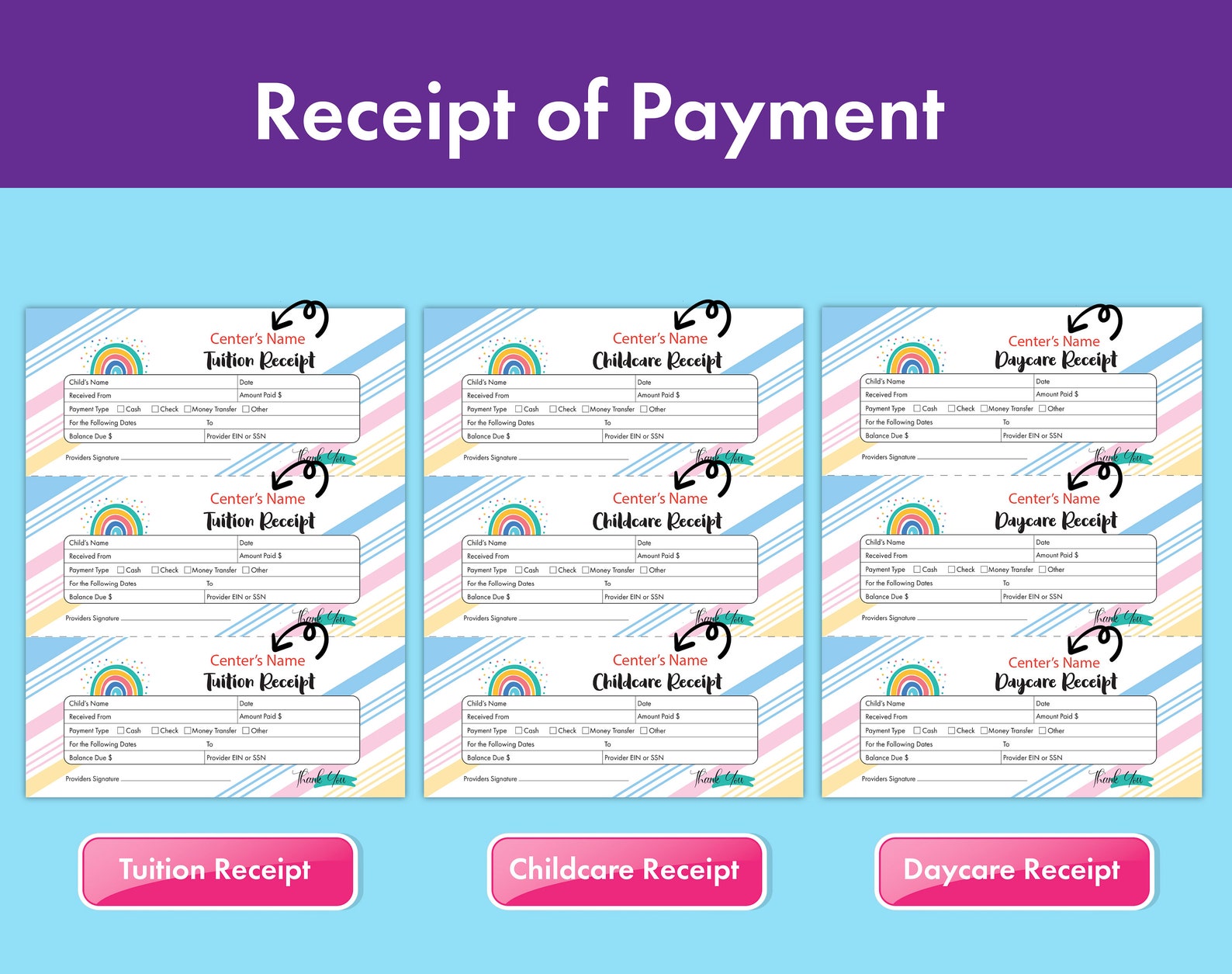 Childcare Receipt Payment Forms - Colorful Daycare Receipts for Daycare ...