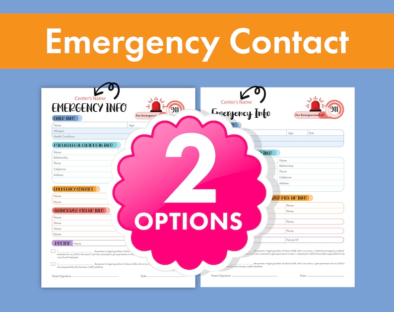 Emergency Contact Form for Daycares, Childcare, School Events ...