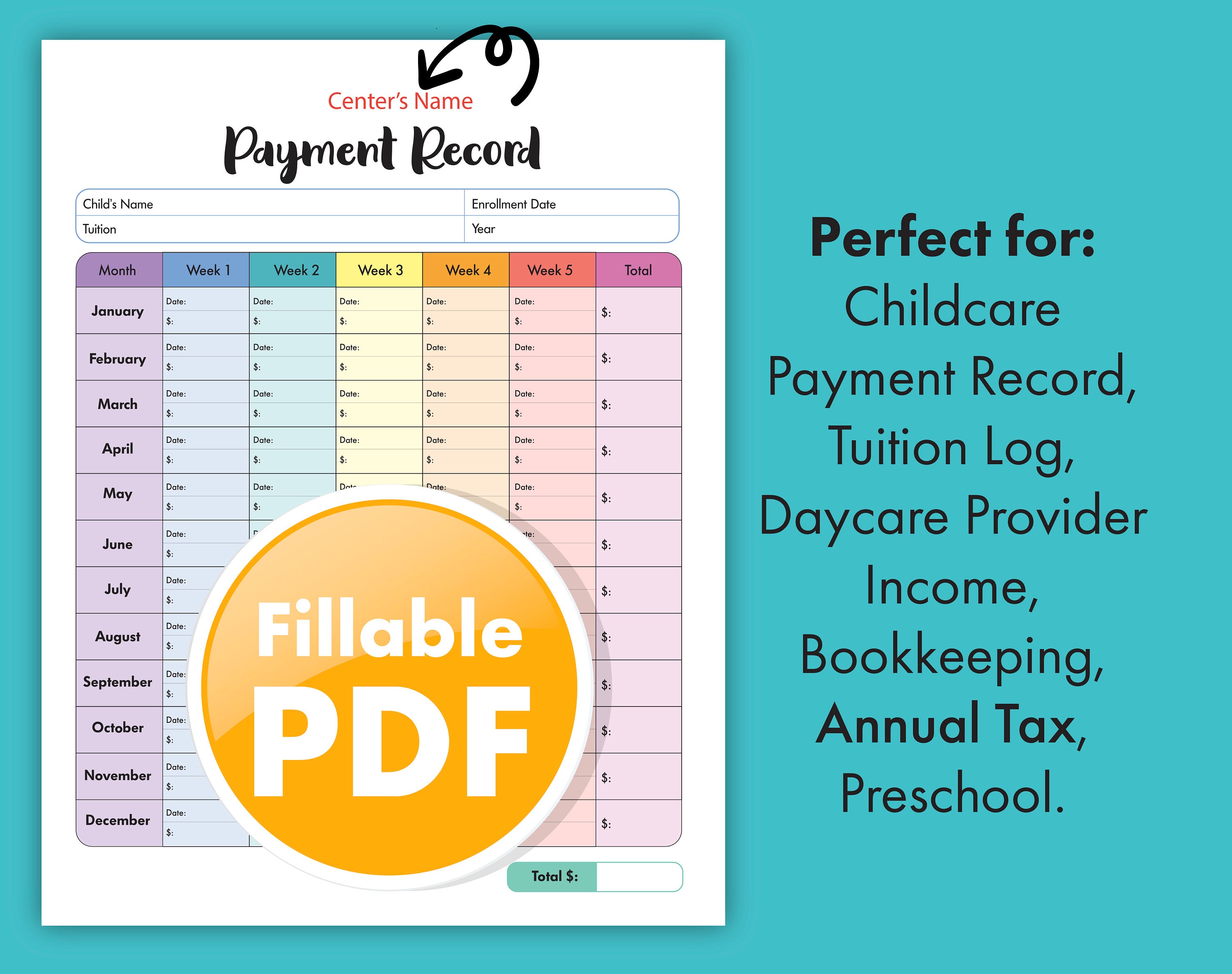 Daycare Payment Record and Tuition Log - Home Daycare, Income Tracker ...
