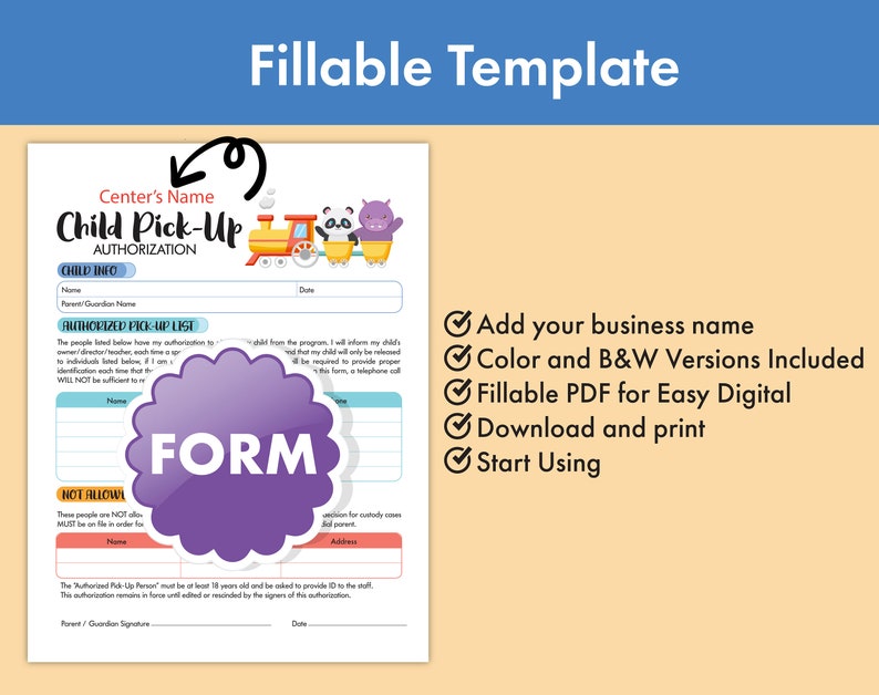 Efficient Child Pick-up Authorization Form - Essential for Daycares ...
