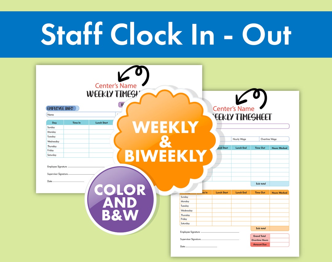 Staff Timesheet Bundle Forms - Childcare Staff Clock in Clock Out ...