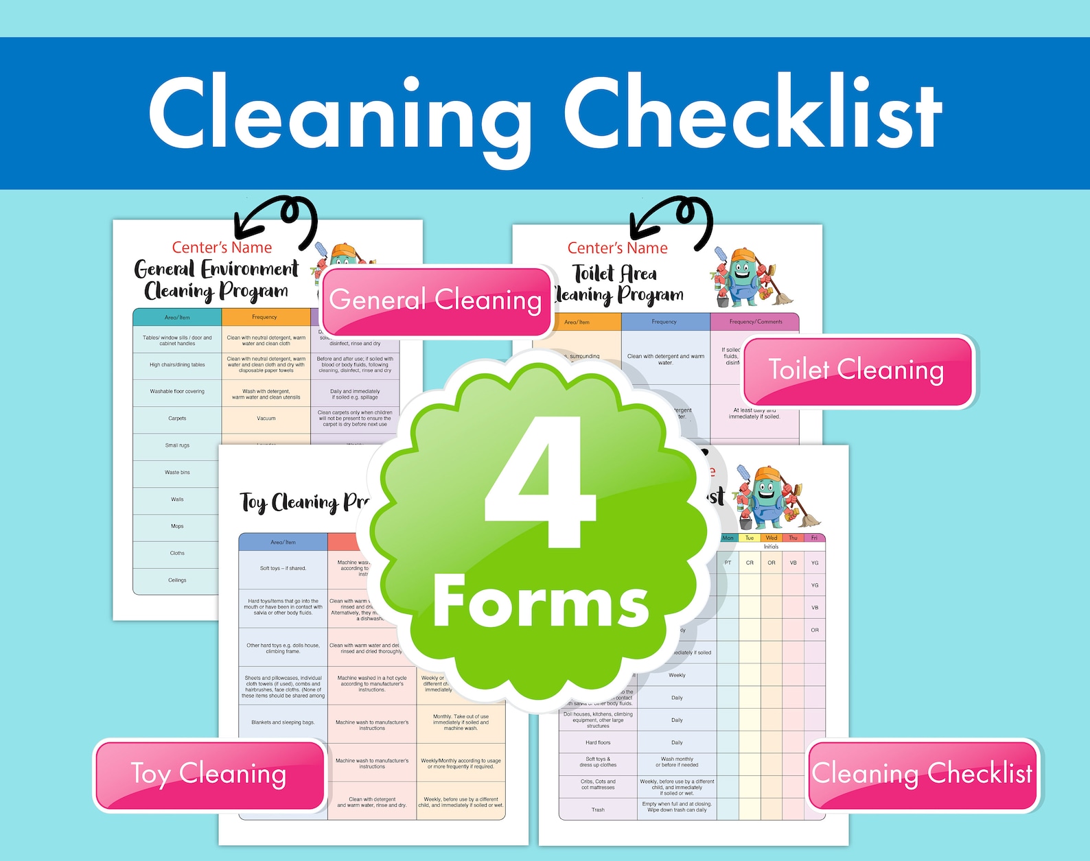 Cleaning Checklist & Schedule Forms Bundle for Daycare, Home Daycare ...