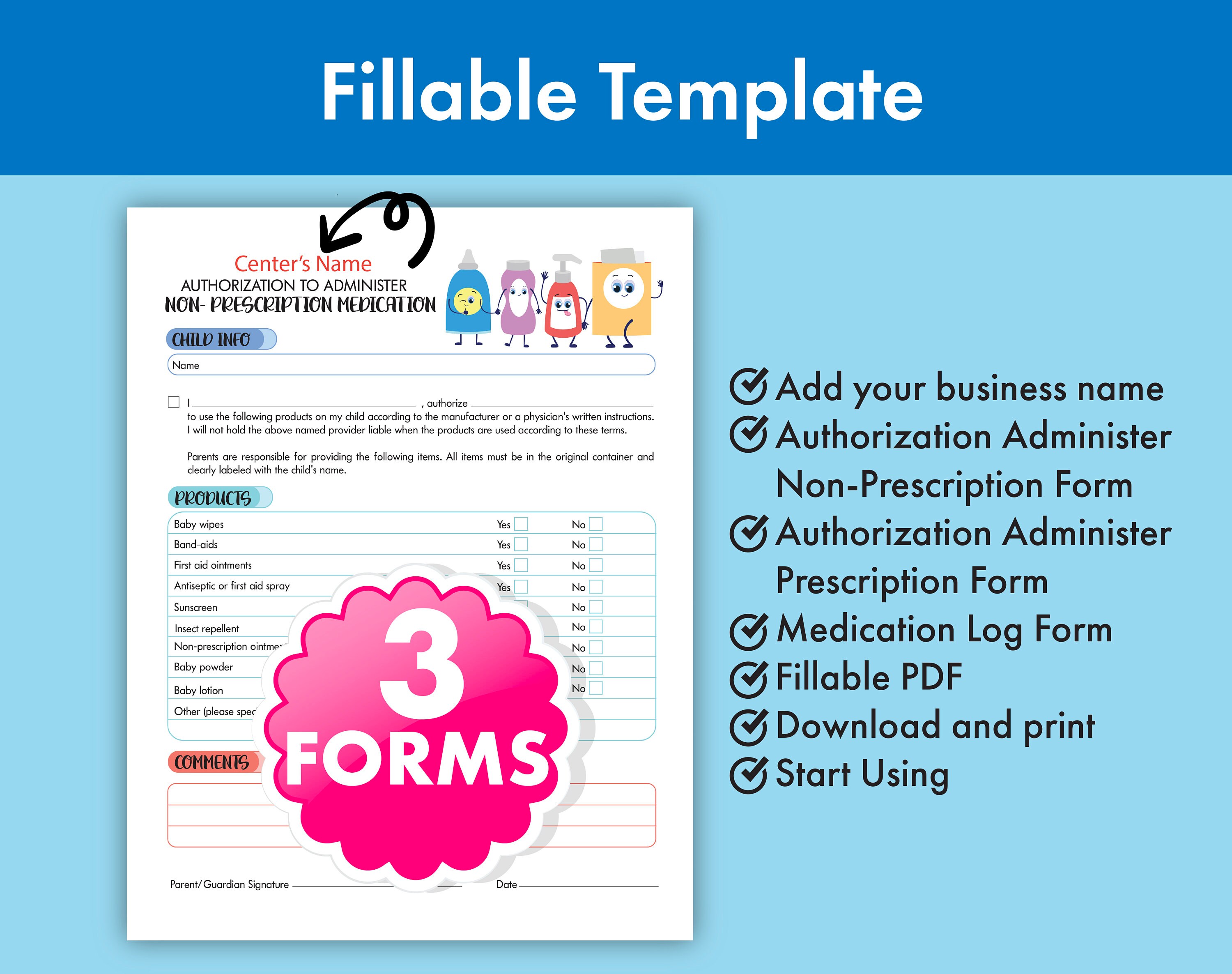 Daycare Medication Authorization Forms Bundle - Prescription and Non ...