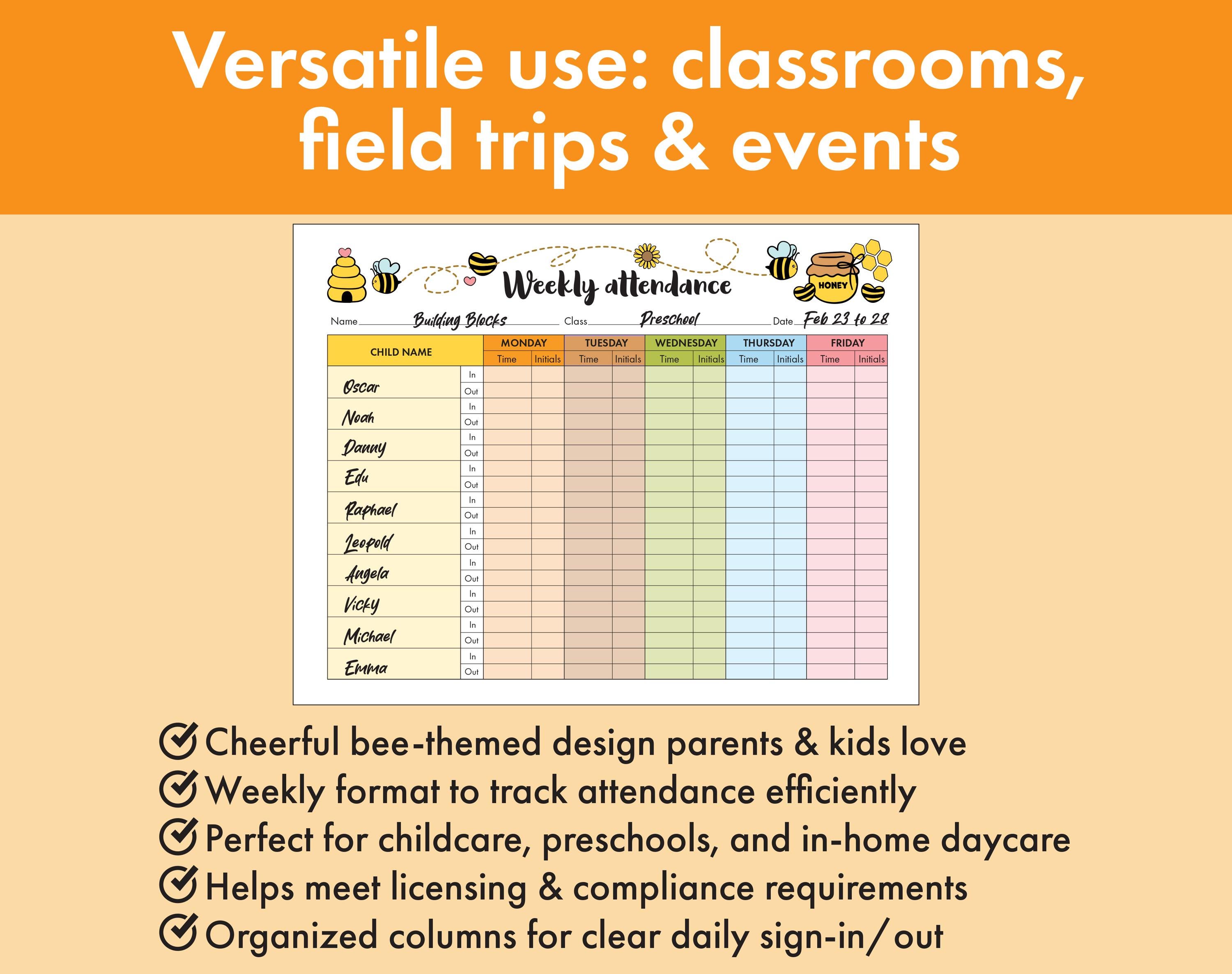 Bee-themed Weekly Attendance Tracker | Printable Childcare, Preschool ...