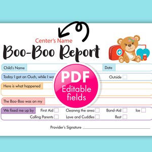 Daycare Boo Boo Report Form - Incident Report Form - Ouch Report Form ...