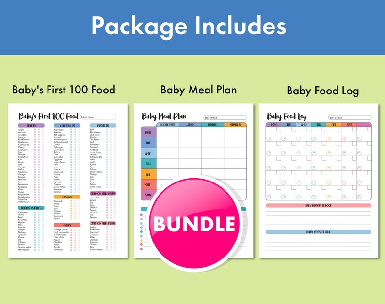 Baby Food Tracker Printable BUNDLE - Meal Planner, Food Diary, Daily ...