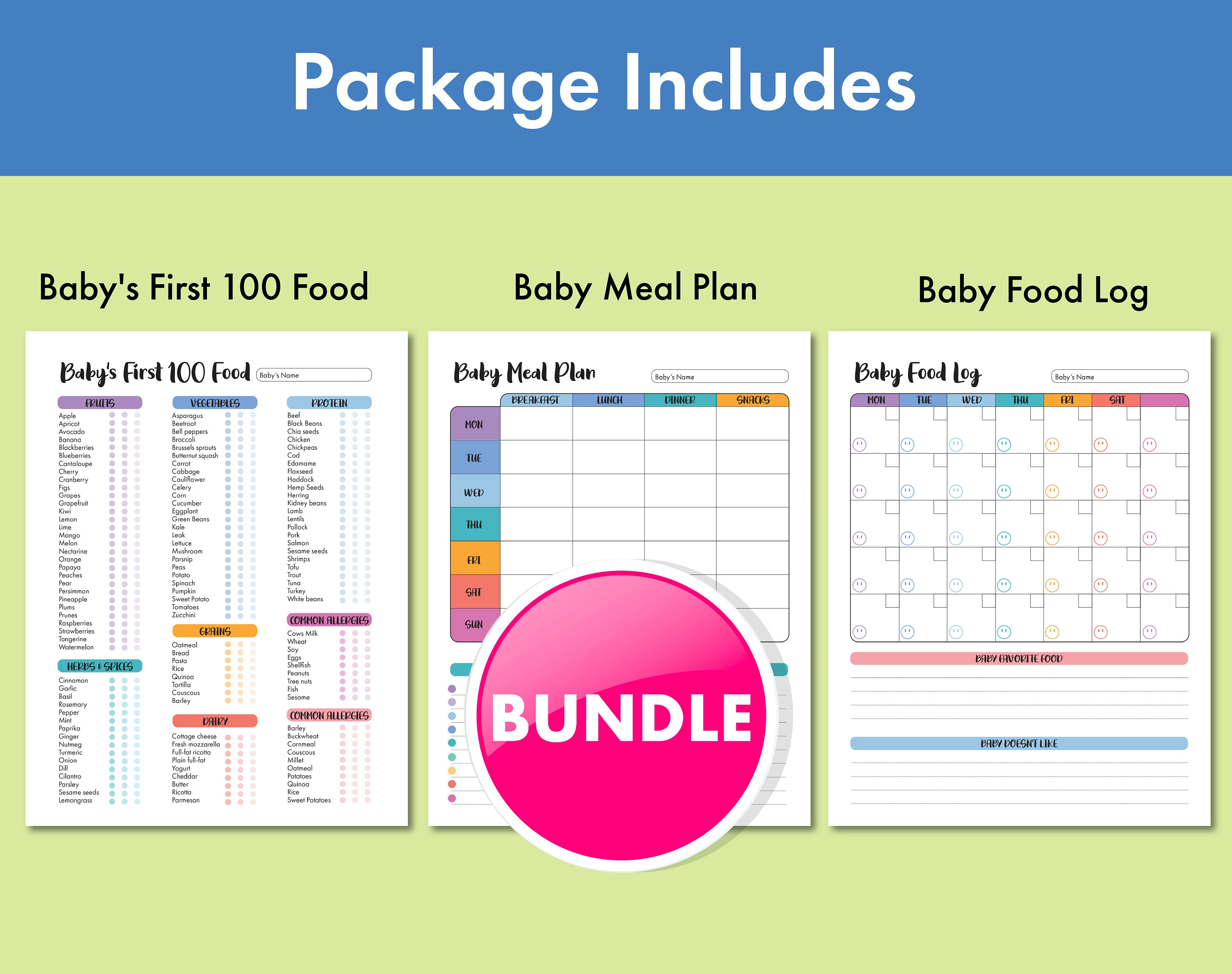 Baby Food Tracker Printable BUNDLE - Meal Planner, Food Diary, Daily ...
