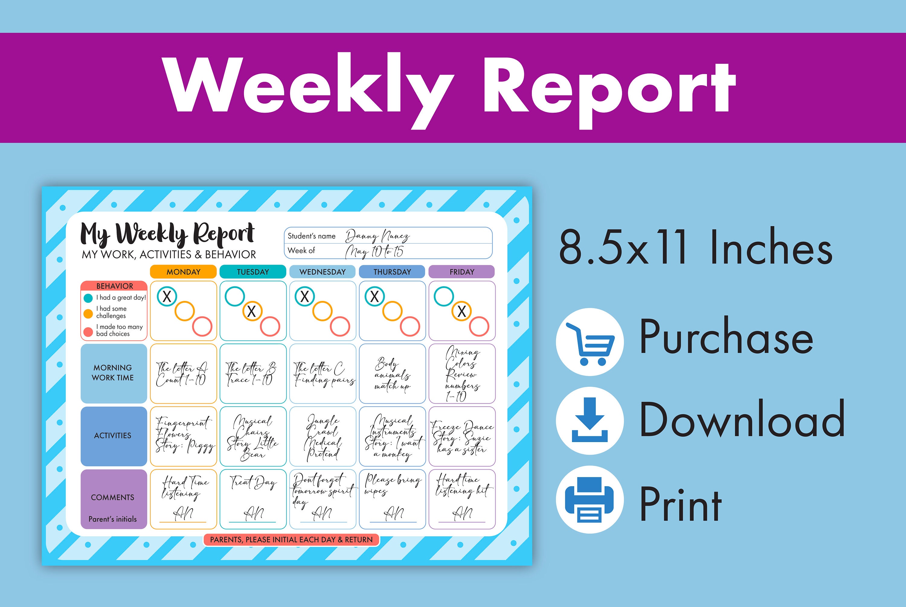 Daycare Behavior Chart: Printable Preschool Weekly Report ...