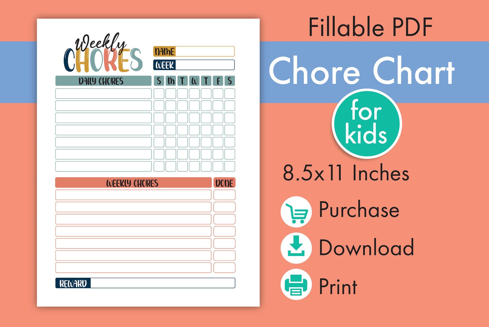 Chore Chart for Kids, Daily Weekly Routine Reward, to Do List Child ...