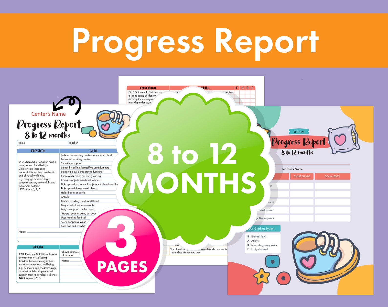 8 to 12 Months Progress Report Developmental Milestones and Fillable ...