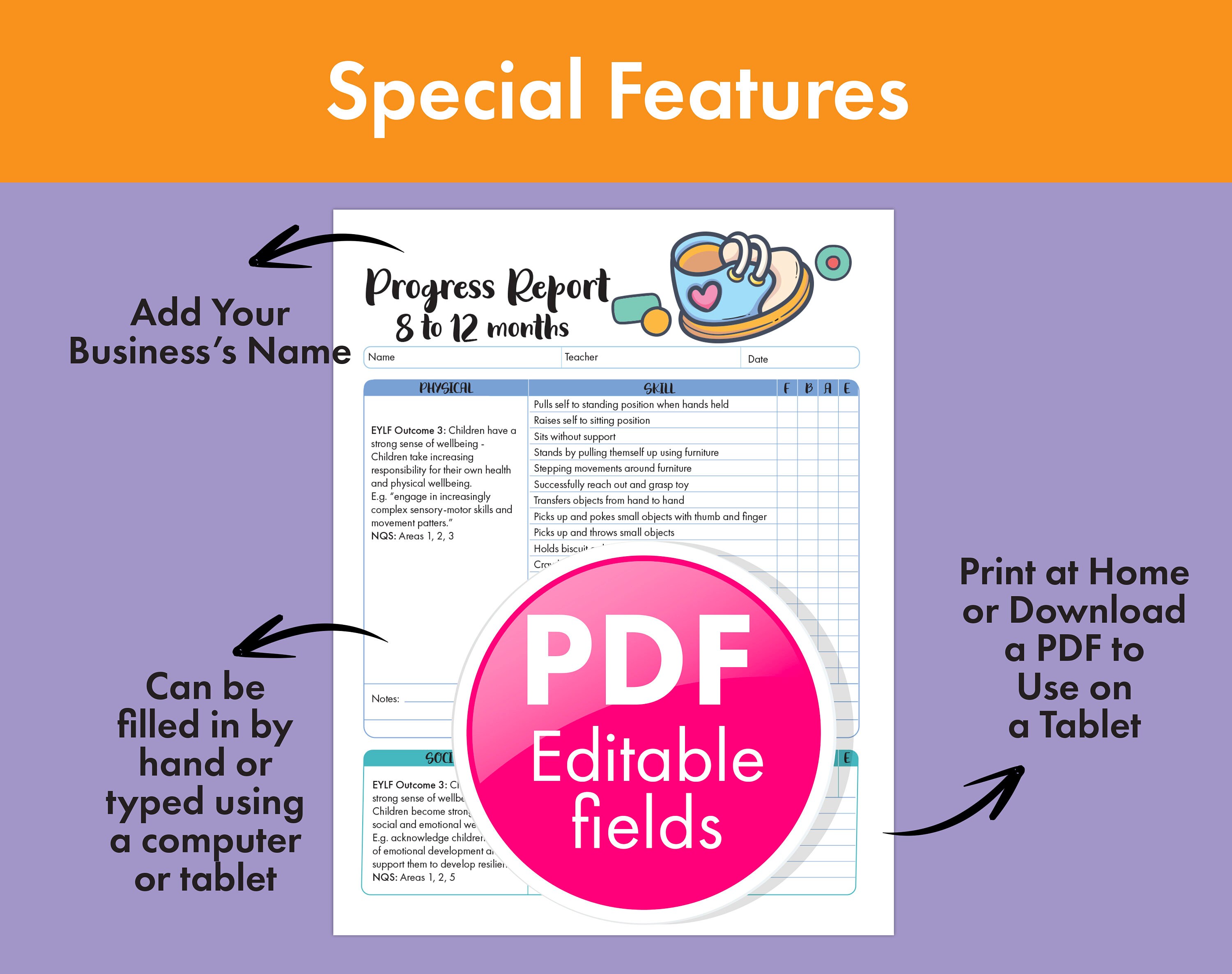 8 to 12 Months Progress Report Developmental Milestones and Fillable ...