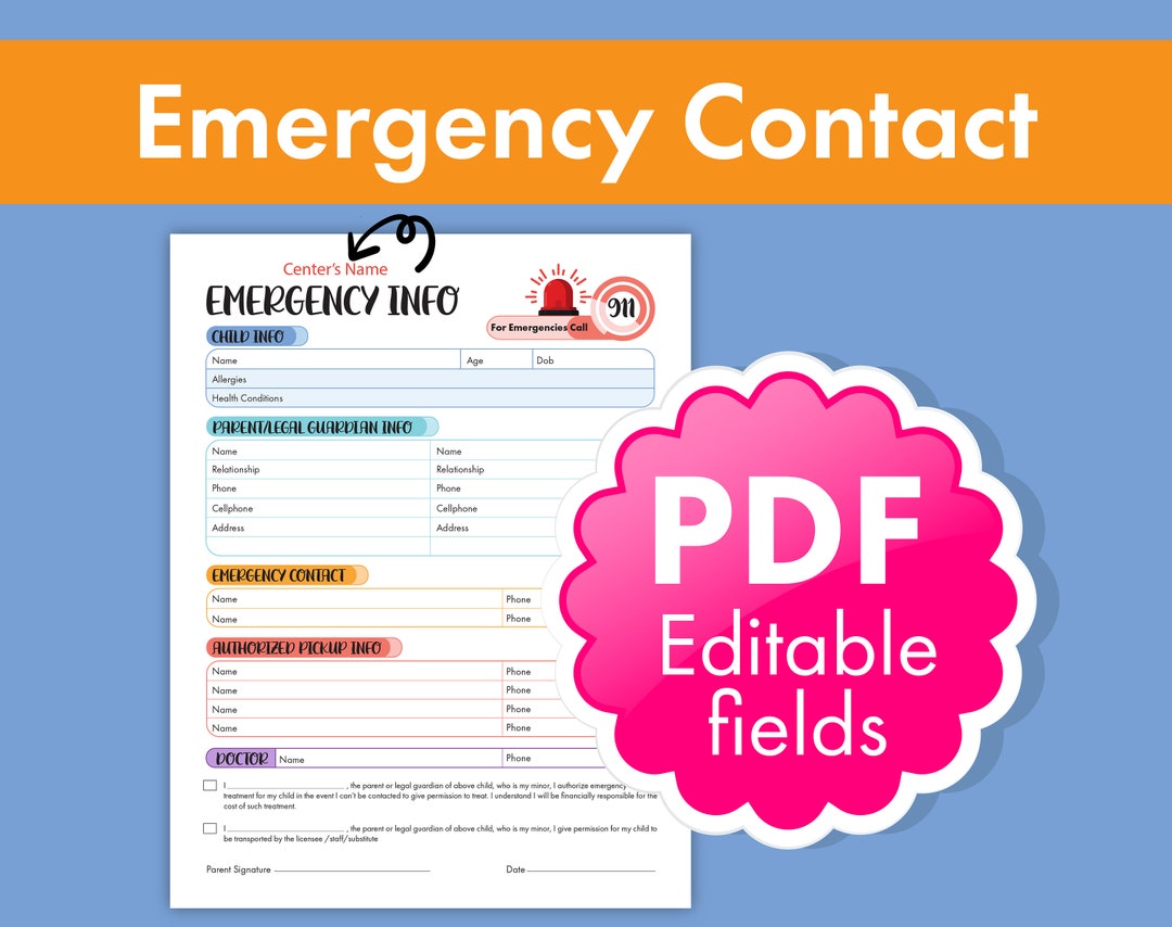 Emergency Contact Form for Daycares, Childcare, School Events ...