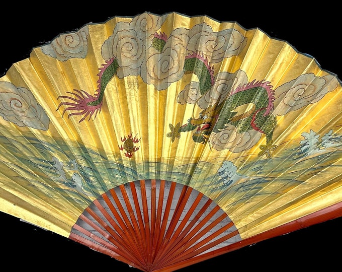 Vintage Gold Gilt Chinese Wall Fan, Hand Painted Dragon Extra Large ...
