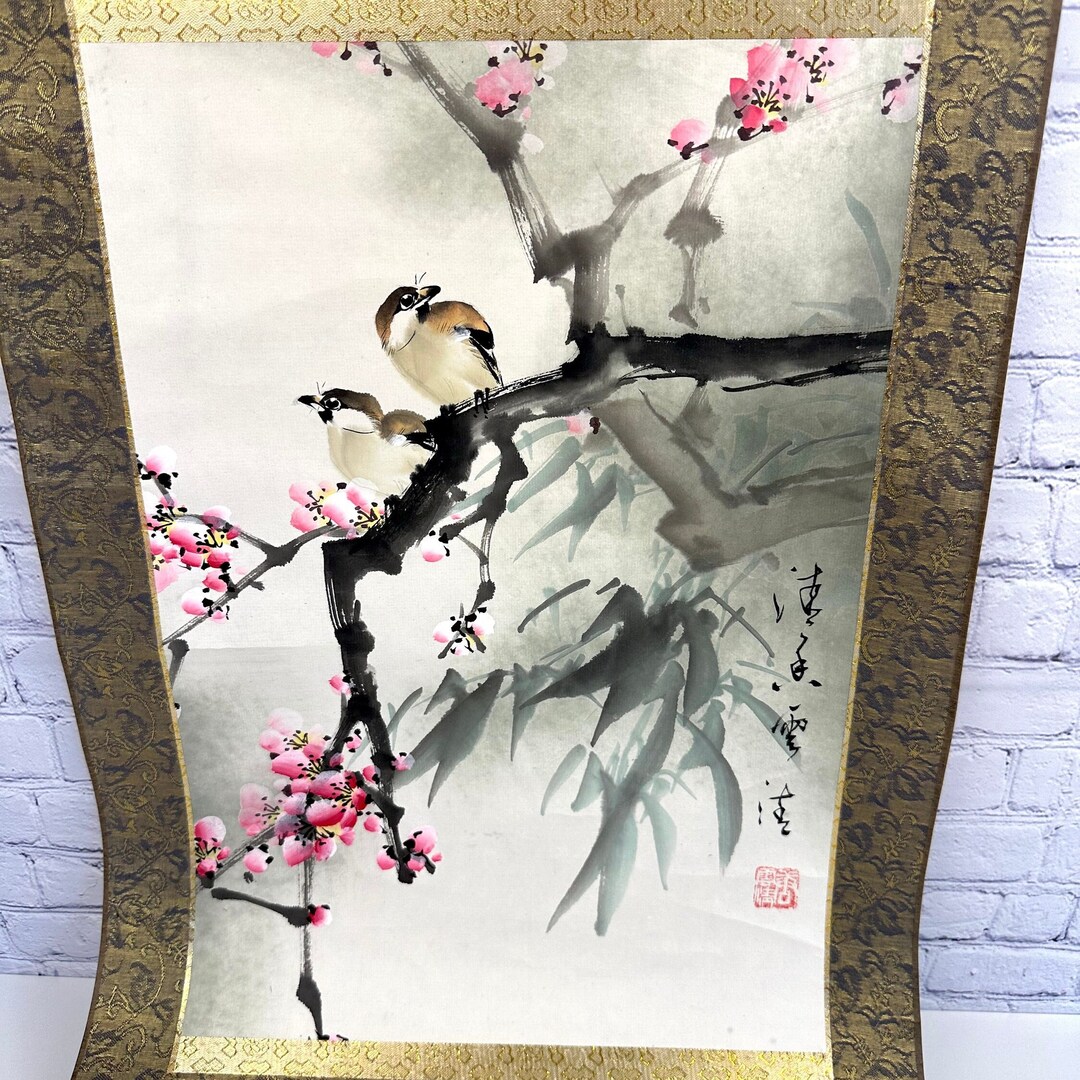 Vintage Chinese Hand Painted Scroll on Silk, Chickadee Birds and Cherry ...