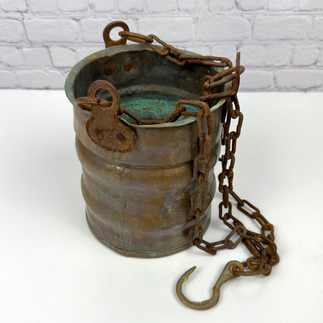 Antique Hand Hammered Copper Bucket Planter Cauldron Chains Hang Hook ...