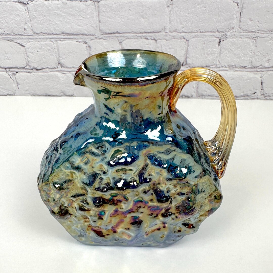 Vintage Pilgrim Handblown Carnival Art Glass Pitcher Blue Gold ...