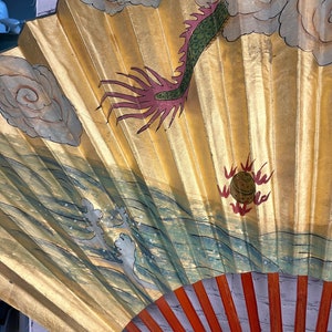 Vintage Gold Gilt Chinese Wall Fan, Hand Painted Dragon Extra Large ...
