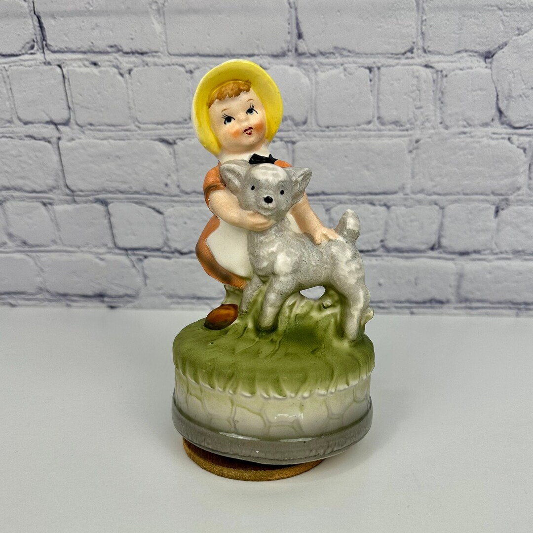 Vintage Girl With Lamb Sheep Music Box, Hand Painted Ceramic, Rotating ...