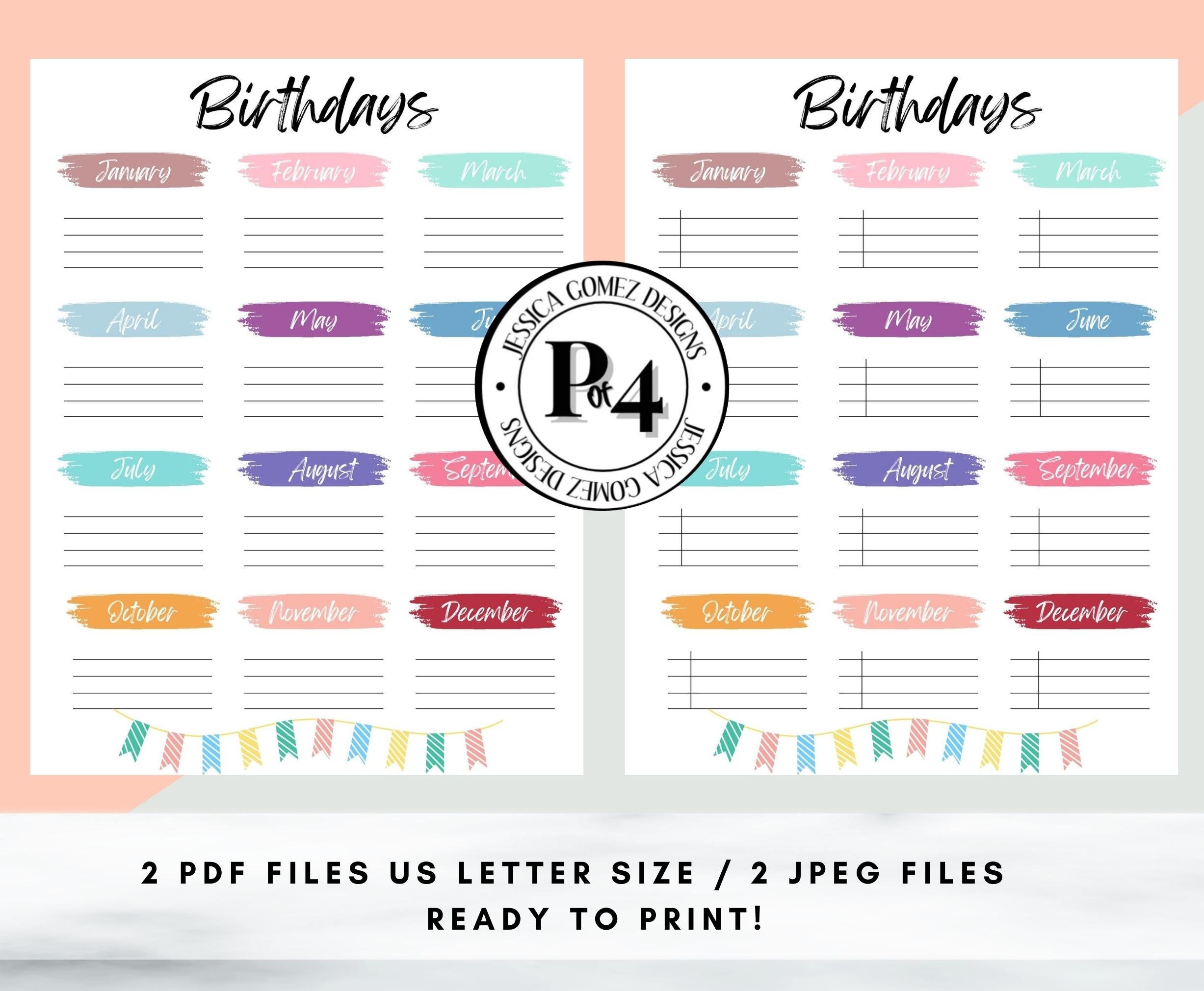 Colorful Birthday Tracker, Birthday List, Instant Download, PDF, JPEG ...