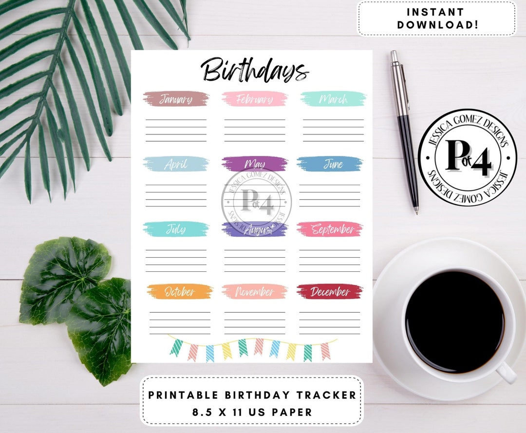 Colorful Birthday Tracker, Birthday List, Instant Download, PDF, JPEG ...