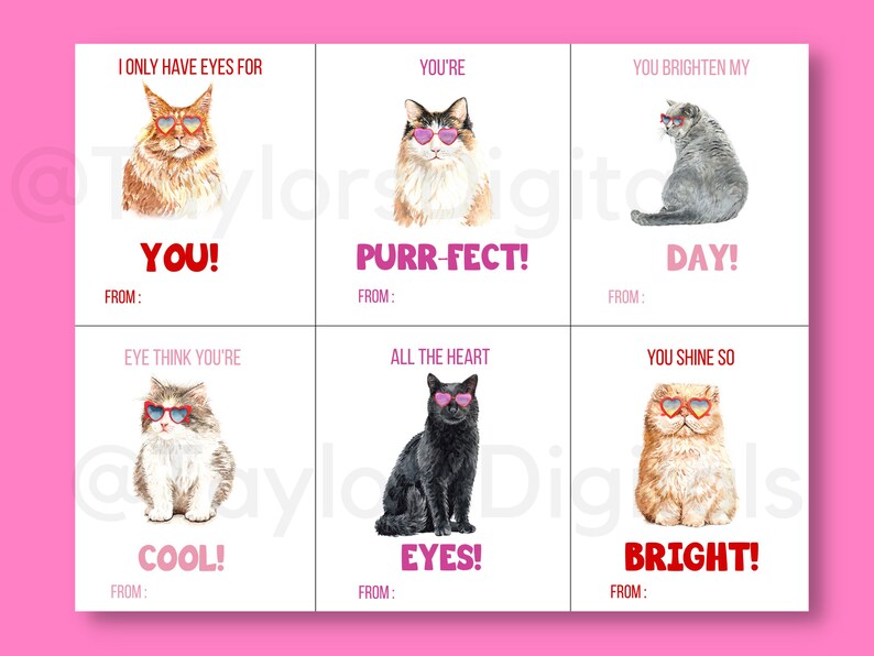 18 Instant Download Cat Printable Valentine's Day Cards, Editable ...