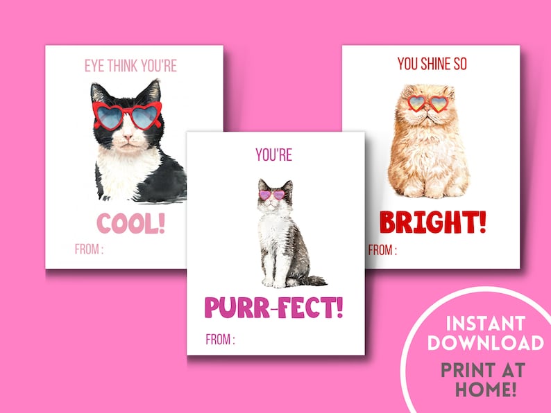 18 Instant Download Cat Printable Valentine's Day Cards, Editable ...