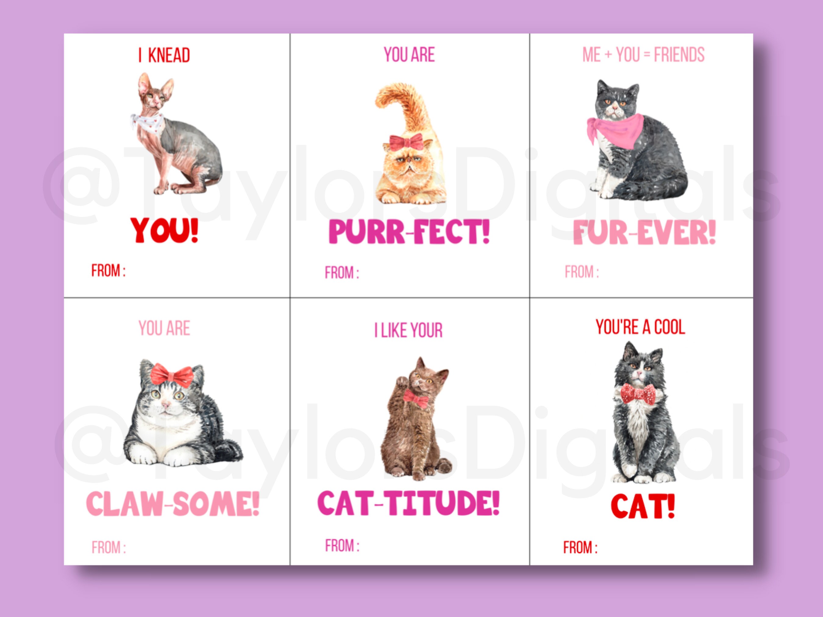 18 Printable Cat Valentine's Day Classroom Card, Instant Download ...