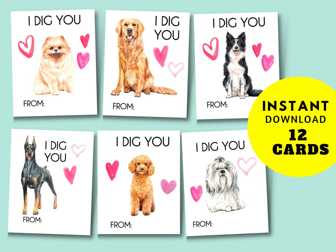 12 Instant Download Puppy Printable Valentine's Day Cards, Classroom ...