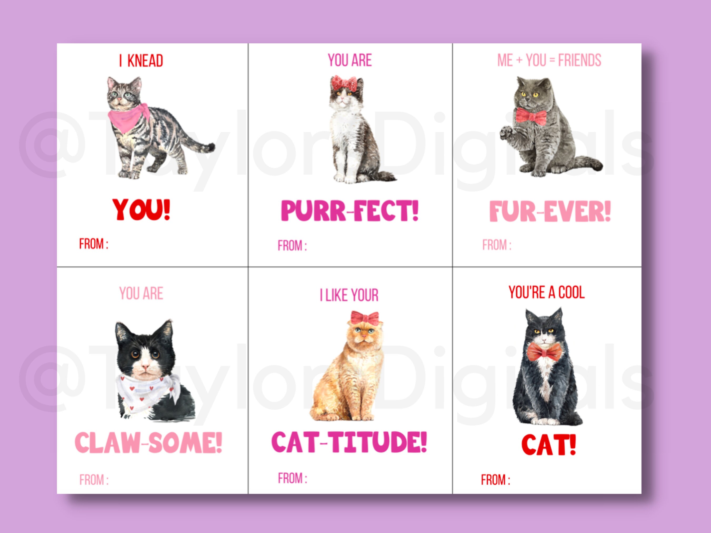 18 Printable Cat Valentine's Day Classroom Card, Instant Download ...