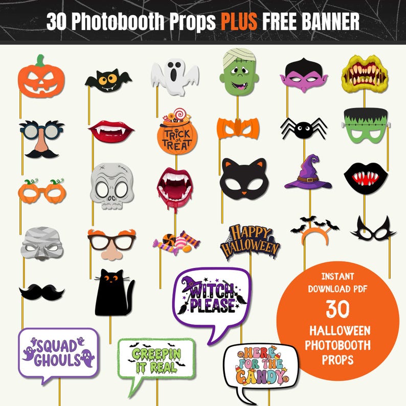 Halloween Photo Booth Props: Printable Party Decorations + Bonus Banner ...