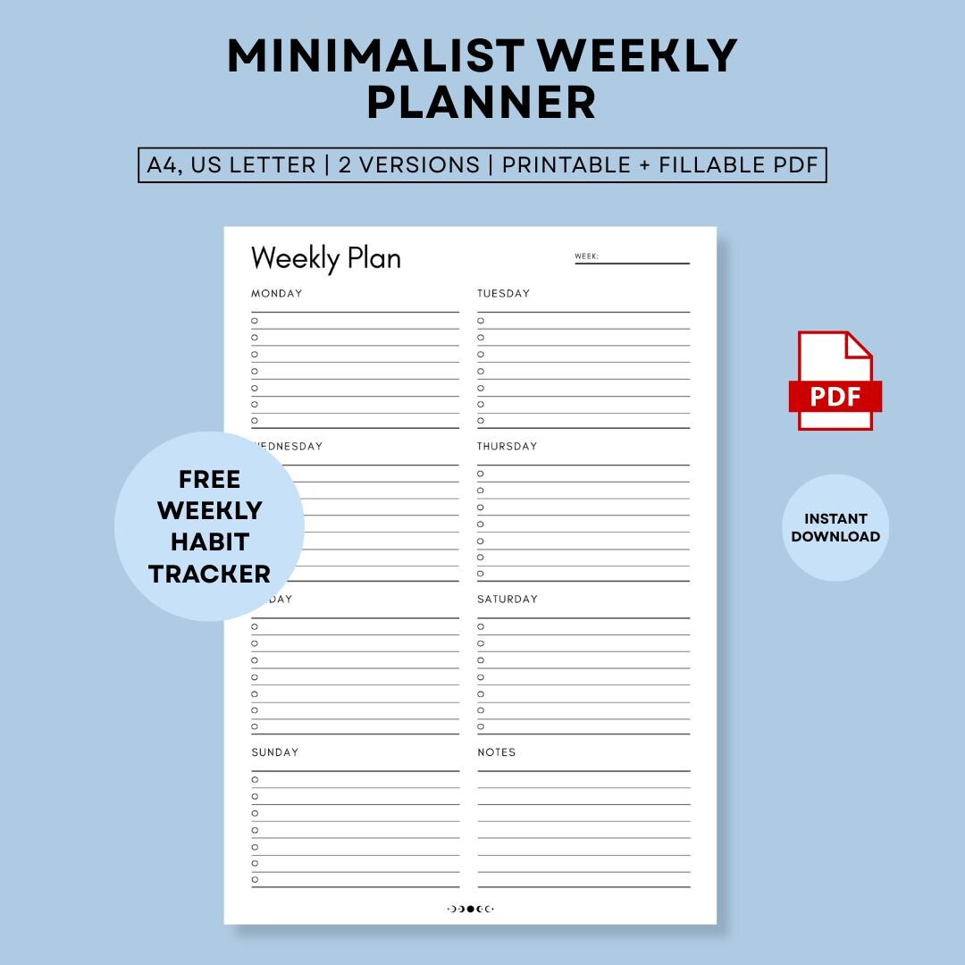 Minimalist Weekly Planner Printable PDF, Undated Schedule (digital ...