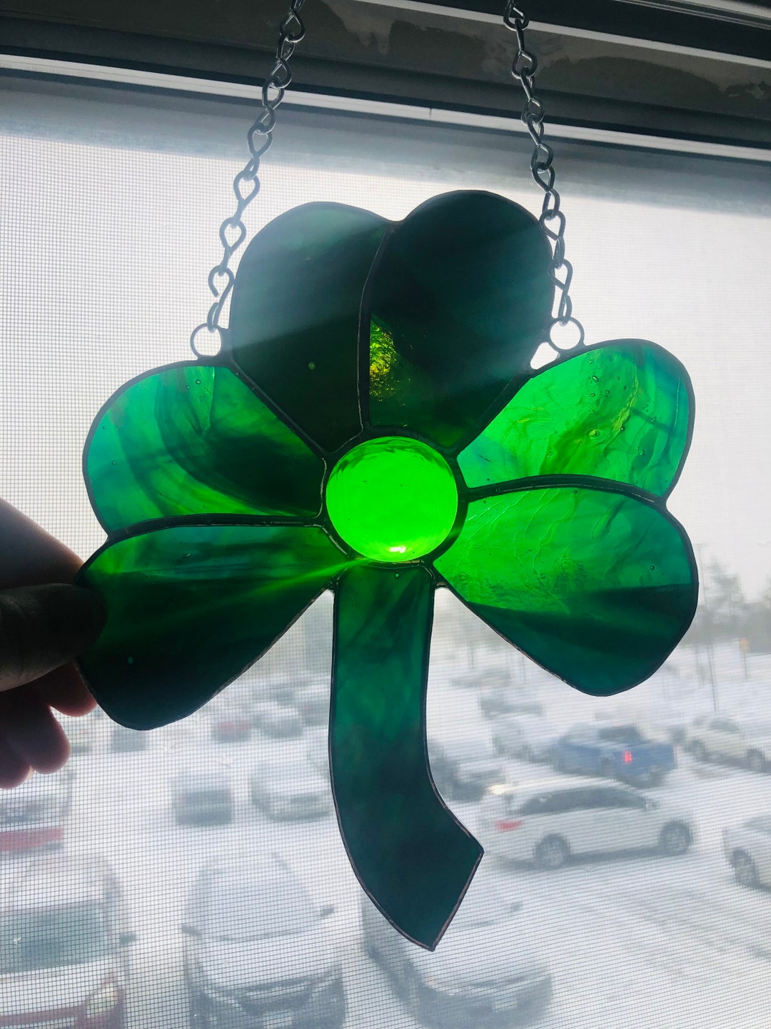 Stained Glass Shamrock Suncatcher With Glass Gem Center for Saint ...