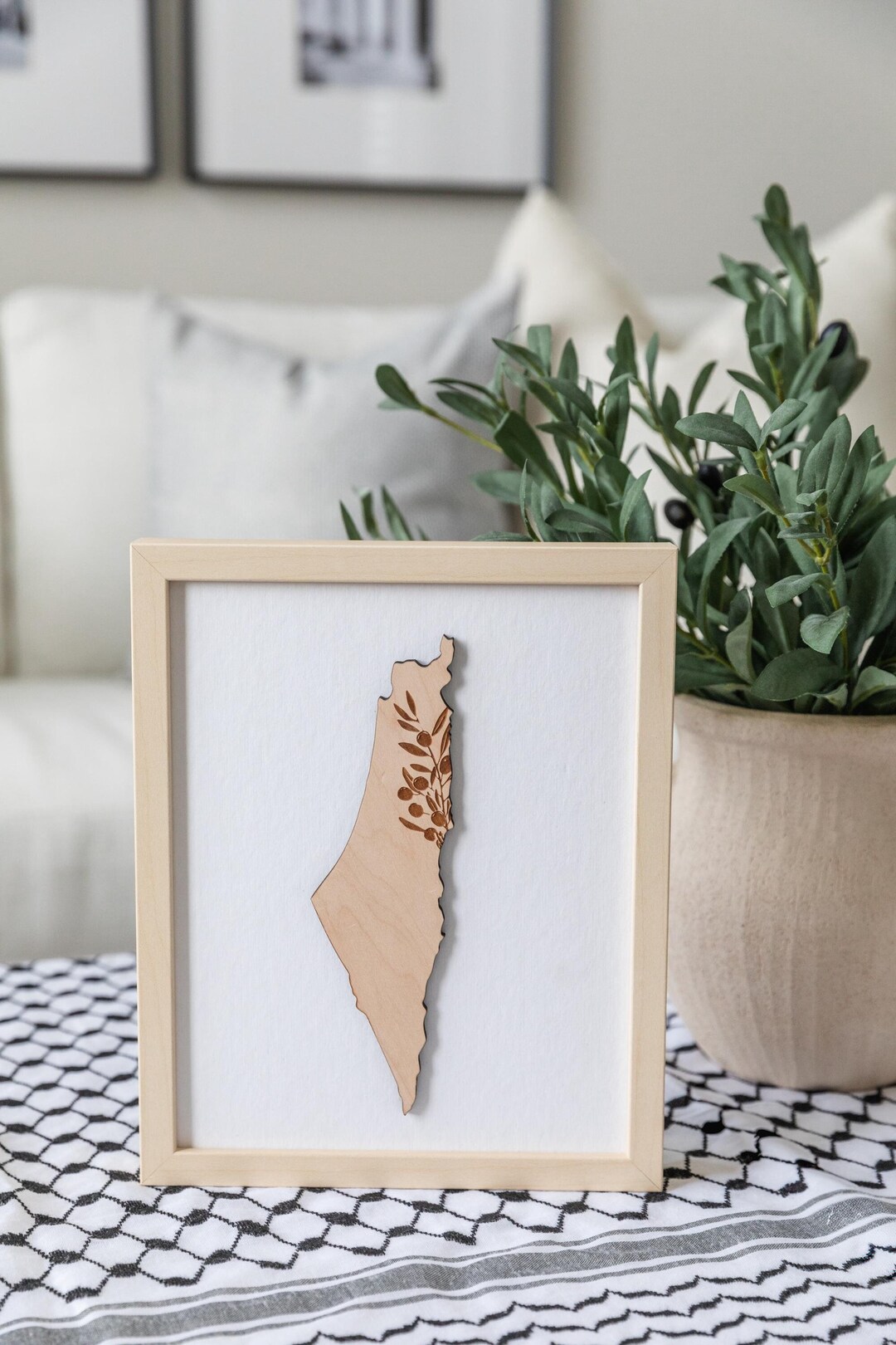 Maple Wood Palestine Map Art: Engraved Olive Branch, Birch Frame (8” X ...