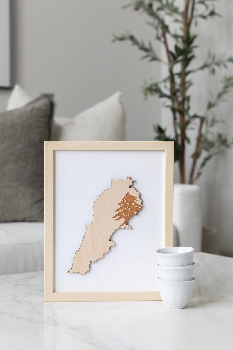 Maple Wood Lebanon Map Art: Engraved Cedar Tree, Birch Frame (8” X 10 ...