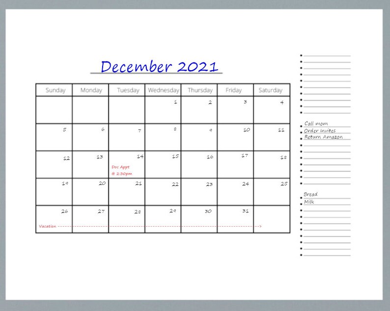 Blank Monthly Calendar Printable With Notes Section, Minimalist ...