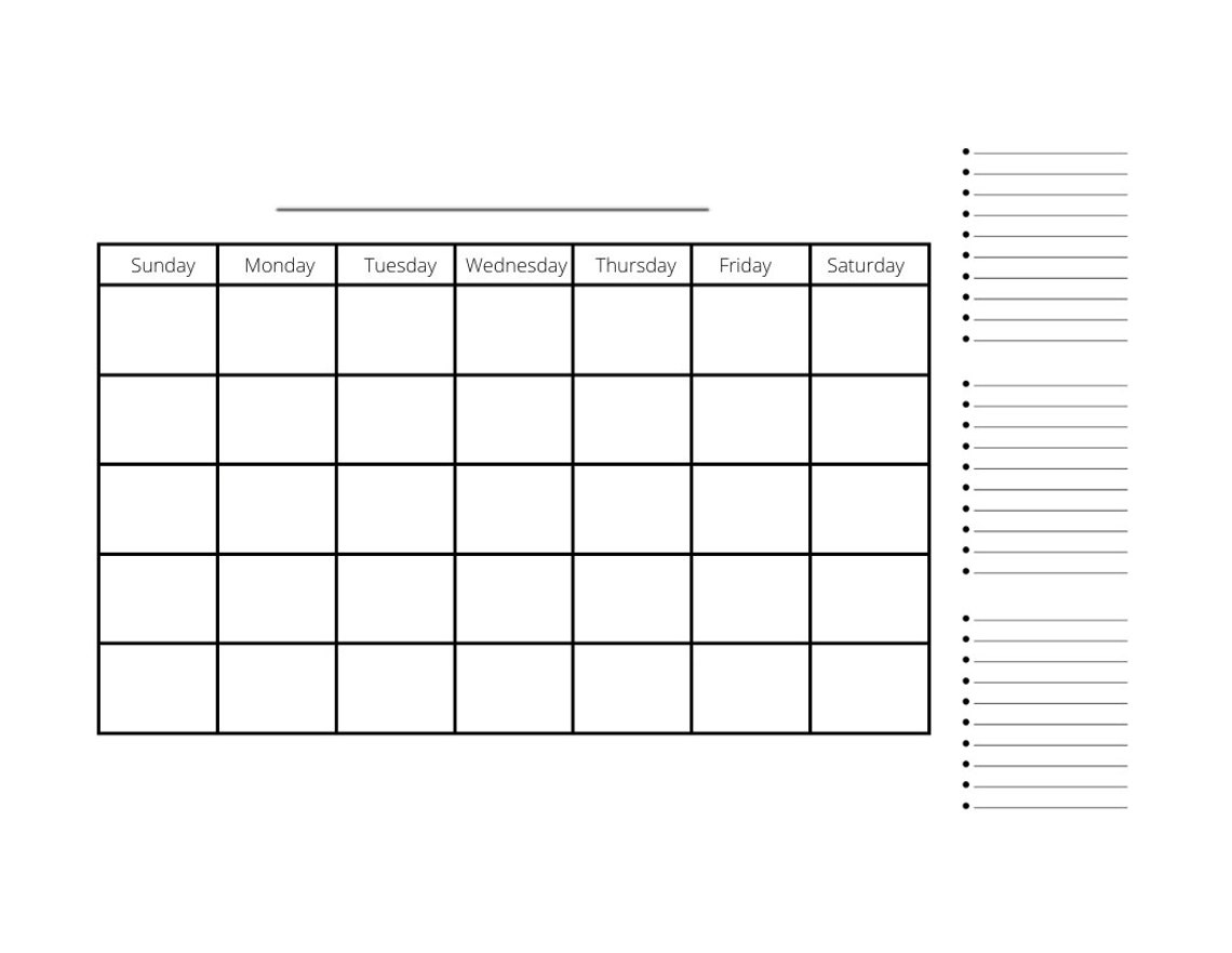 Blank Monthly Calendar Printable With Notes Section, Minimalist ...