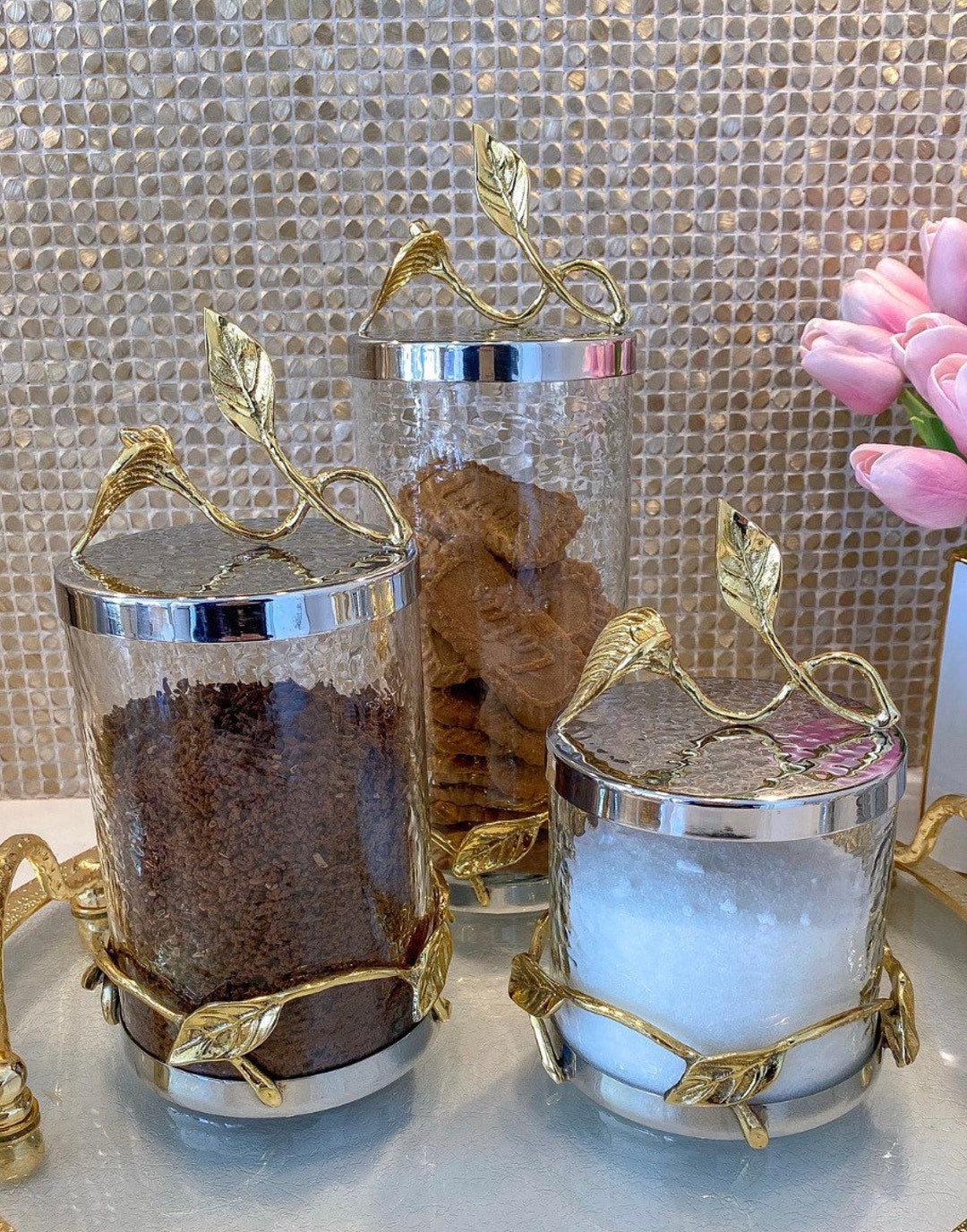 SILVER & GOLD Kitchen Canister SET 3 Pieces - Etsy