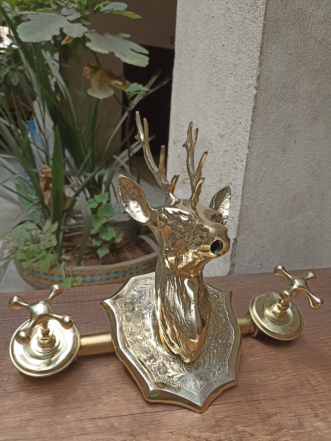 Deer Face Brass Wall Mount Faucet With Cross Handles and Included Valve ...