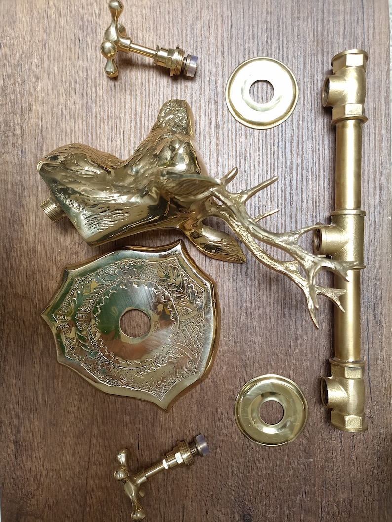 Deer Face Brass Wall Mount Faucet With Cross Handles and Included Valve ...